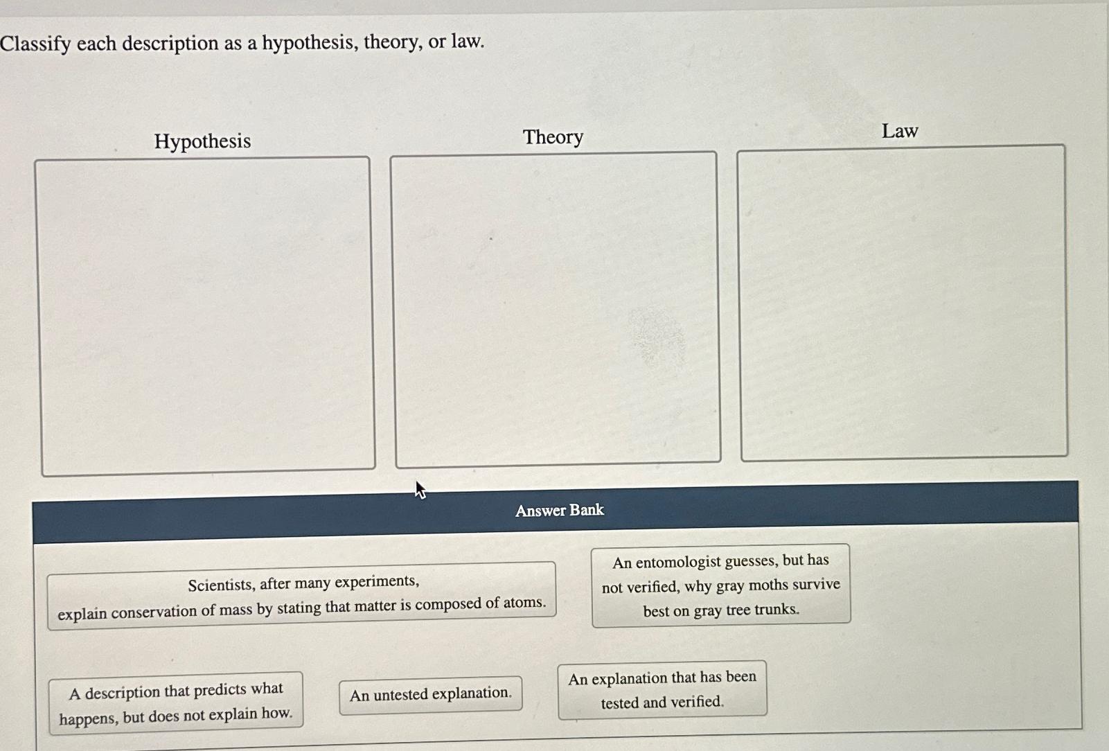 Solved Classify each description as a hypothesis, theory, or | Chegg.com