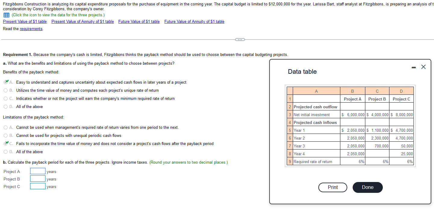 Solved b. ﻿Calculate the payback period for each of the | Chegg.com