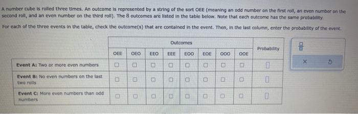 Solved A number cube is rolled three times. An outcome is | Chegg.com