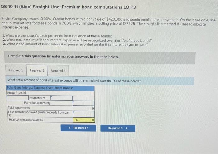 Solved QS 10-11 (Algo) Straight-Line: Premium bond | Chegg.com