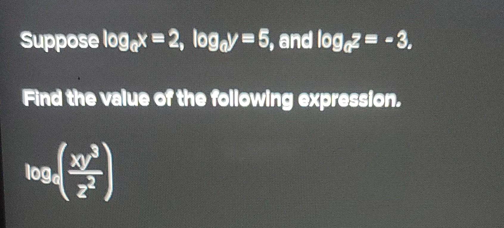 Solved suppose logax=2,logay=5, and logaz=−3 Find the value | Chegg.com