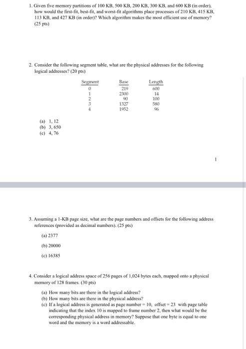 Solved 1. Given five memory partitions of 100 KB, 500 KB, | Chegg.com