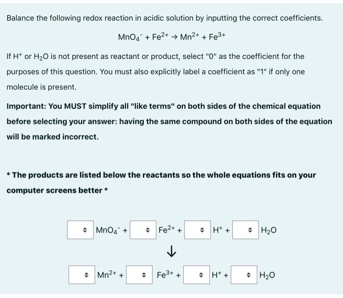 [Solved]: Balance the following redox reaction in acidic so