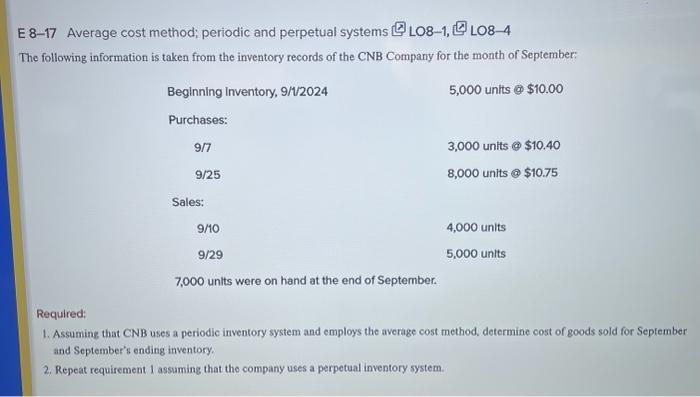 Solved E 8-17 Average cost method; periodic and perpetual | Chegg.com