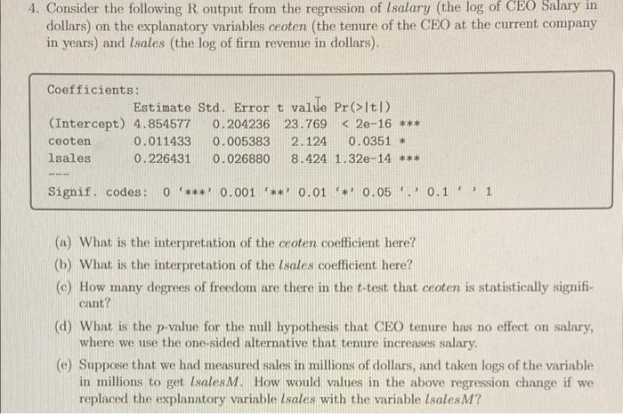 Solved 4. Consider the following R output from the | Chegg.com