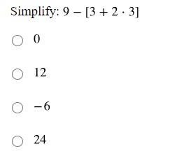 Solved Simplify: 9-[3+2*3]012-624 | Chegg.com