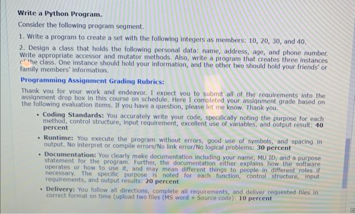 Solved Write a Python Program. Consider the following | Chegg.com