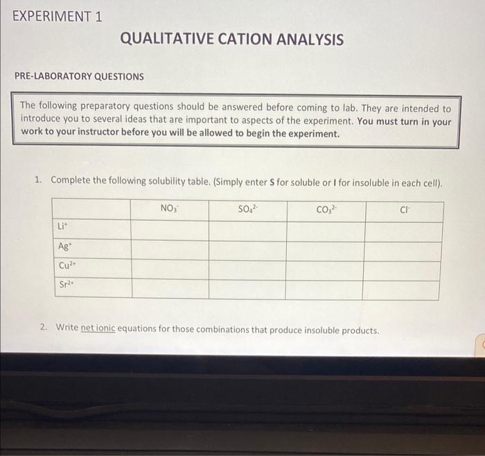Solved EXPERIMENT 1 QUALITATIVE CATION ANALYSIS | Chegg.com