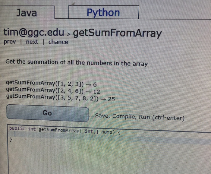Solved Java Python Tim Getsumfromarray Prev Next 9623