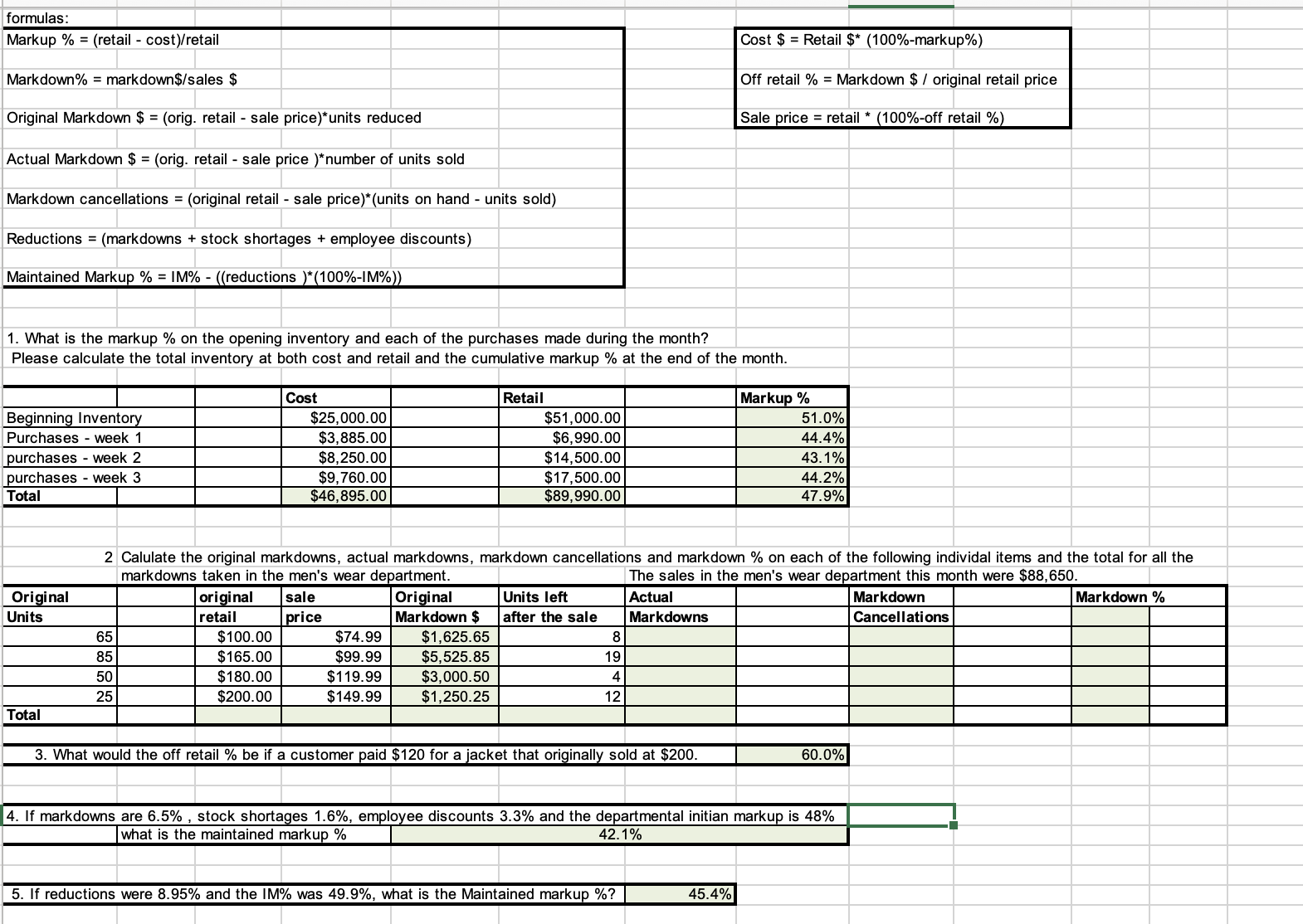 Cost $= ﻿Retail -markup%)Off retail %= ﻿Markdown $? | Chegg.com
