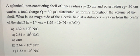 Solved A spherical, non-conducting shell of inner radius | Chegg.com