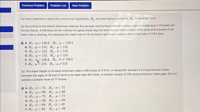 Solved For each statement, select the correct null | Chegg.com