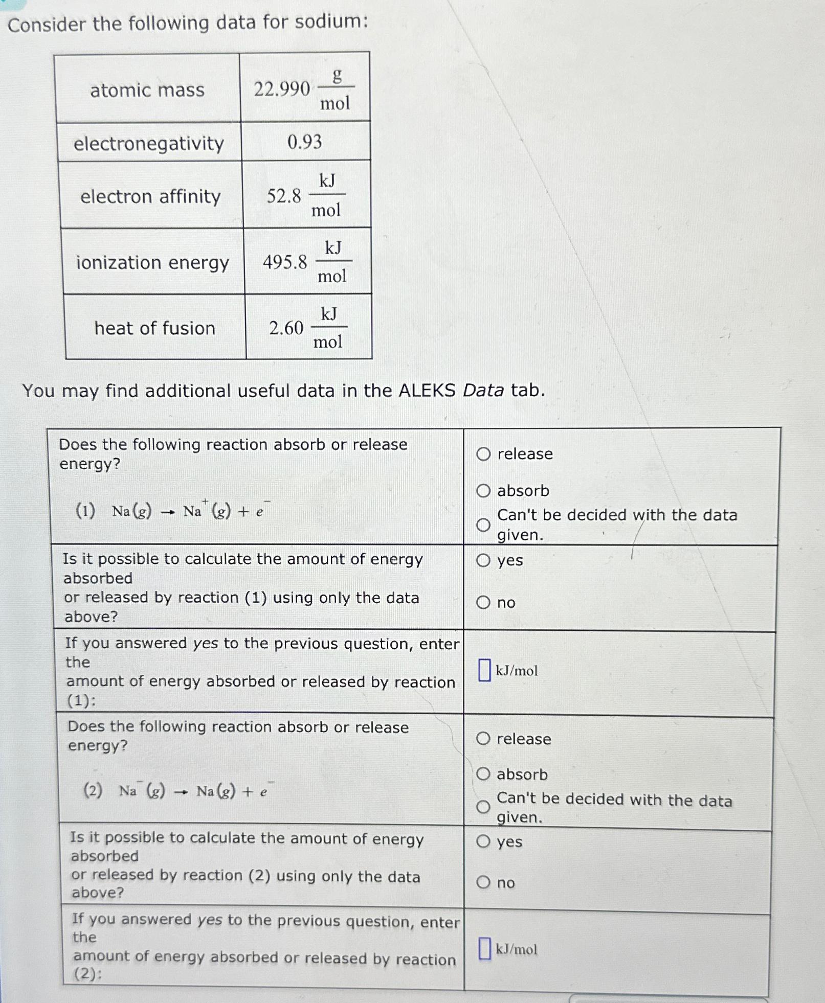 Solved Consider the following data for sodium:\table[[atomic | Chegg.com