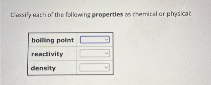 Solved Classify each of the following changes as chemical or | Chegg.com