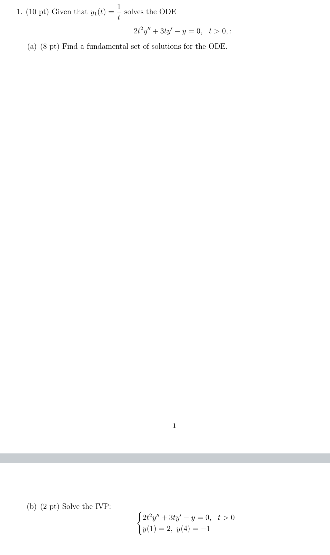 Solved (10pt) ﻿Given that y1(t)=1t ﻿solves the | Chegg.com