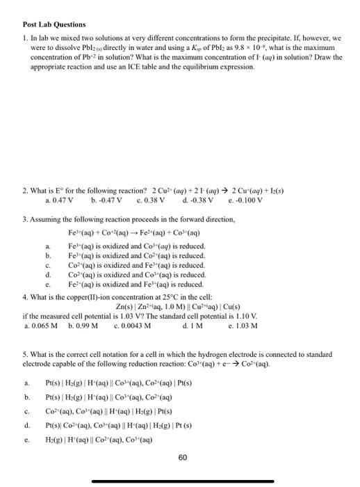 Solved Post Lab Questions 1. In lab we mixed two solutions | Chegg.com