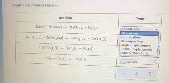 Solved Classify each chemical reaction: Reaction Type 2Li(s) | Chegg.com
