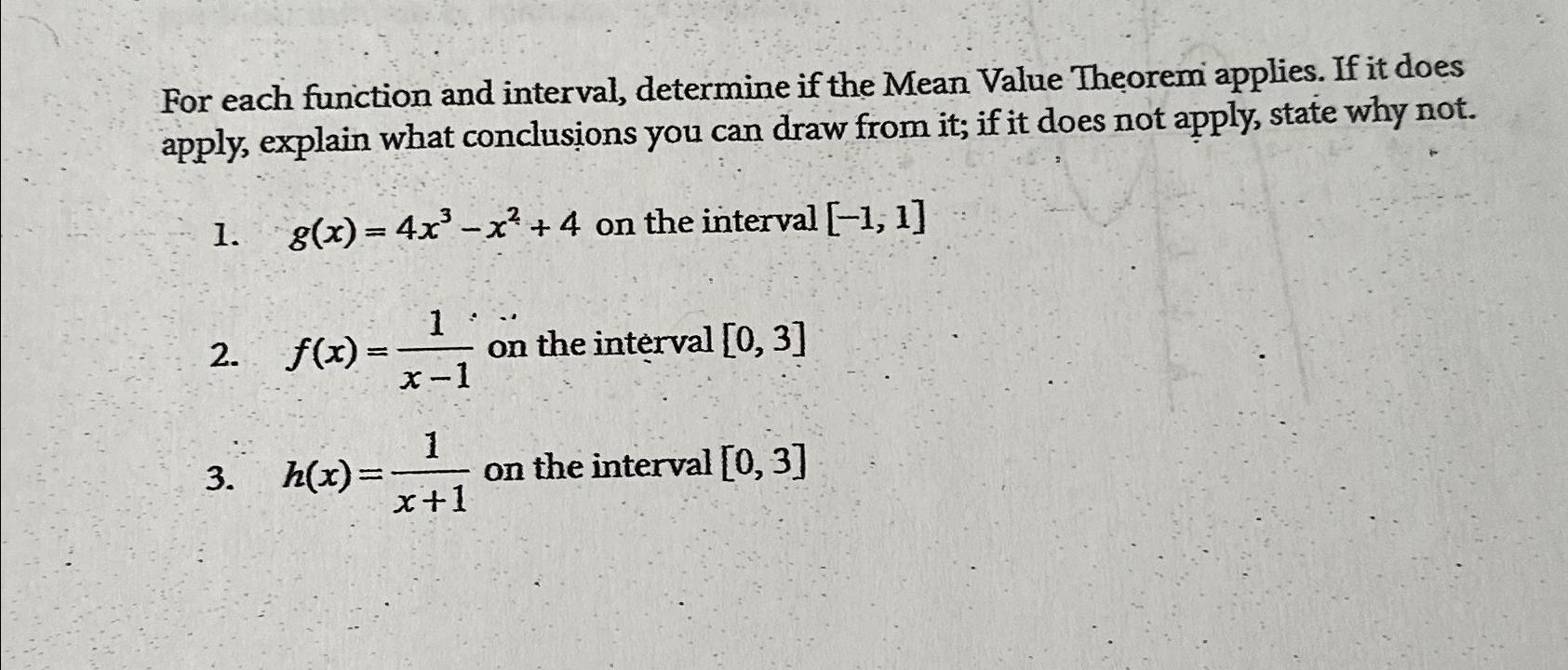 Solved For each function and interval, determine if the Mean | Chegg.com