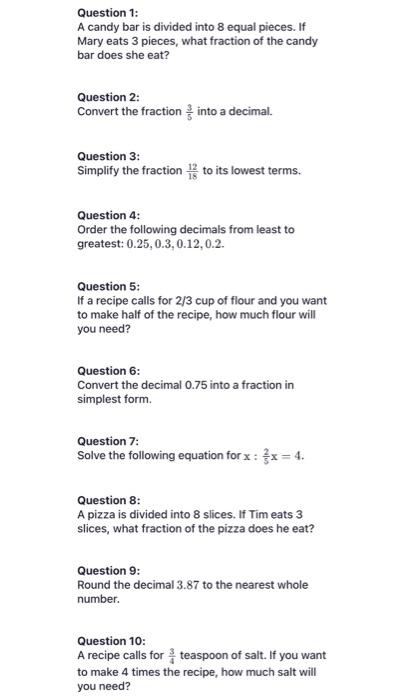 Solved The fraction and decimal questions to be used for | Chegg.com