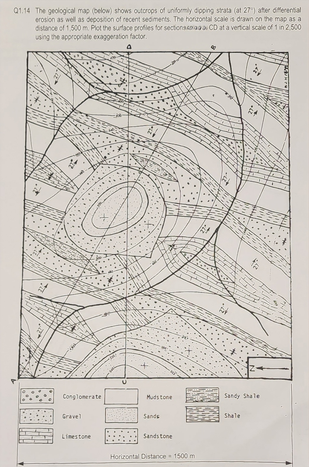 Solved Q1.14 ﻿The geological map (below) ﻿shows outcrops of | Chegg.com