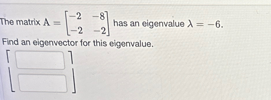 Solved The matrix A=[-2-8-2-2] ﻿has an eigenvalue λ=-6. | Chegg.com