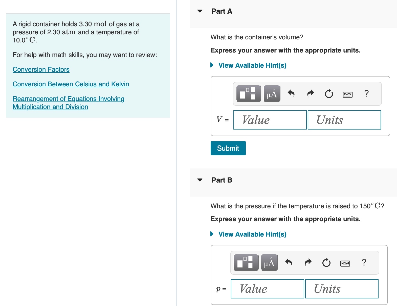 Solved Part AA rigid container holds 3.30mol of gas at a | Chegg.com