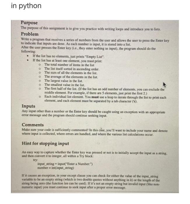 Solved in python Purpose The purpose of this assignment is | Chegg.com