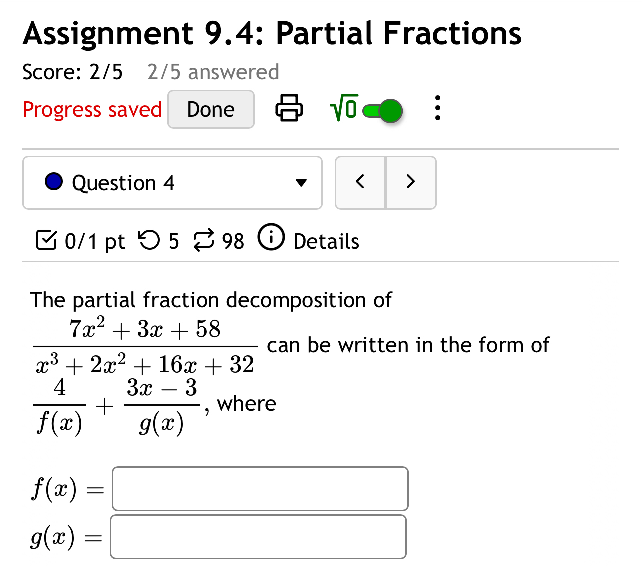 Solved Assignment 9.4: Partial FractionsScore: 2/5 2/5 | Chegg.com