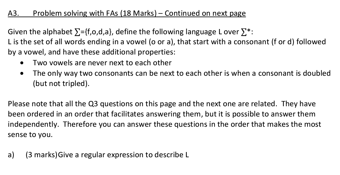 Solved A3. ﻿Problem solving with FAs (18 ﻿Marks) – | Chegg.com