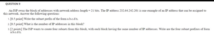 Solved QUESTION 9 An ISP owns the block of addresses with | Chegg.com