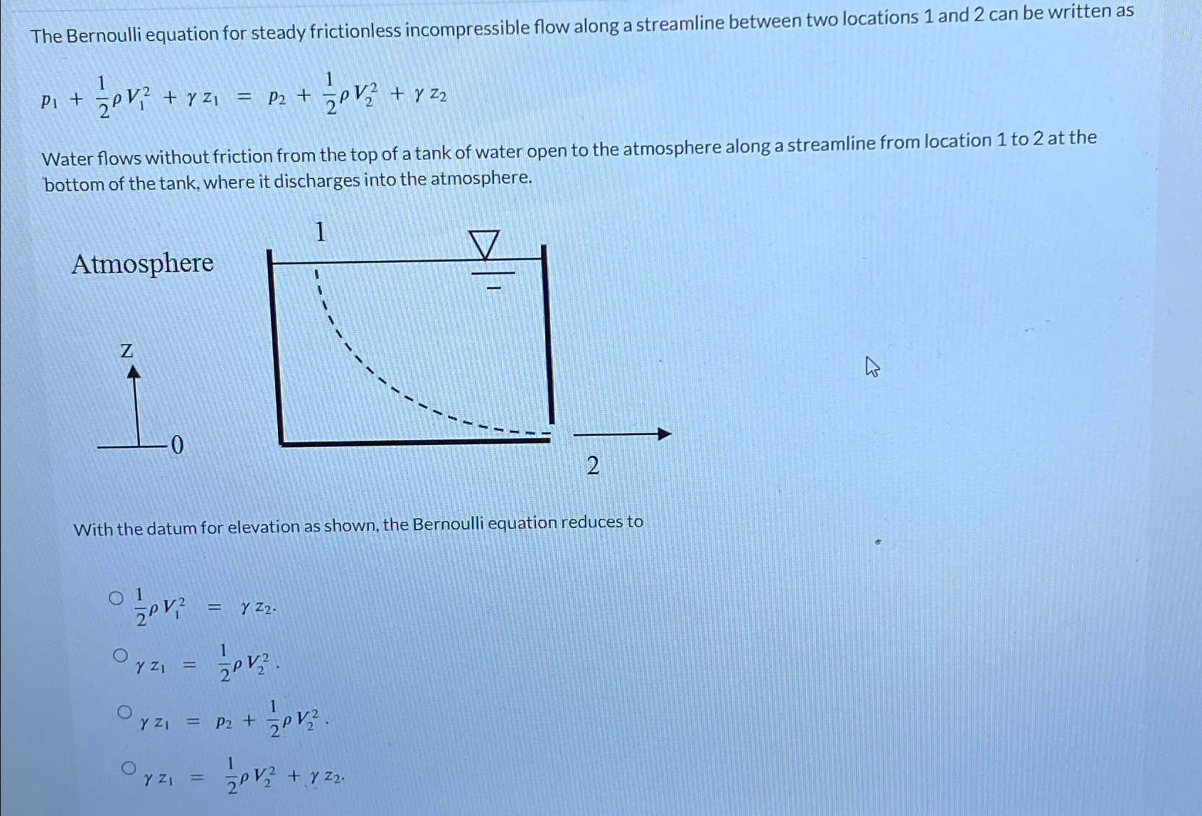 Solved The Bernoulli equation for steady frictionless | Chegg.com