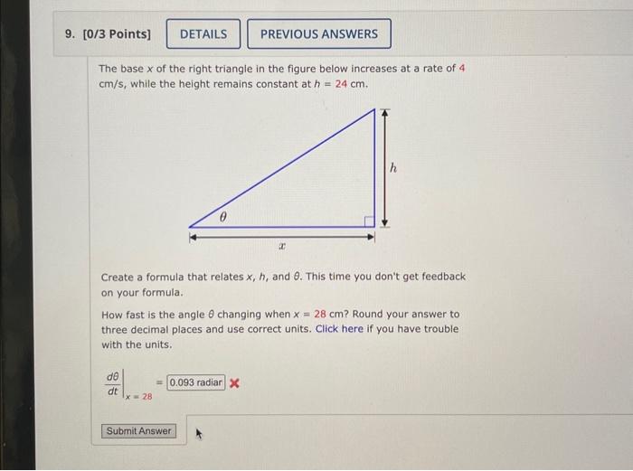 Solved The base x of the right triangle in the figure below | Chegg.com