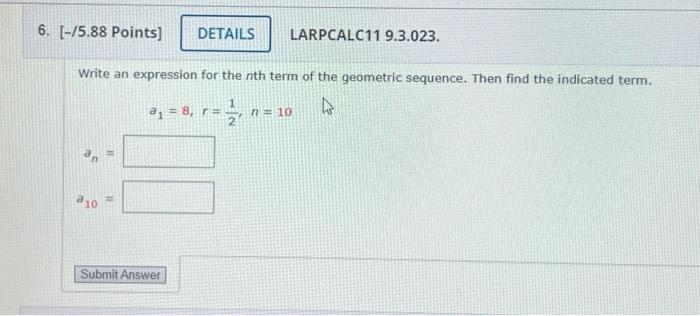 Solved Write an expression for the nth term of the geometric | Chegg.com