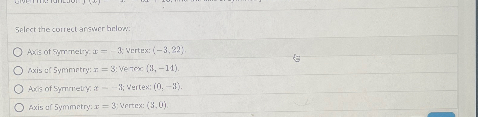 Solved Select the correct answer below:Axis of Symmetry: | Chegg.com