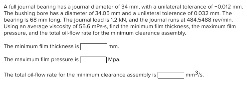 Solved A full journal bearing has a journal diameter of 34 | Chegg.com