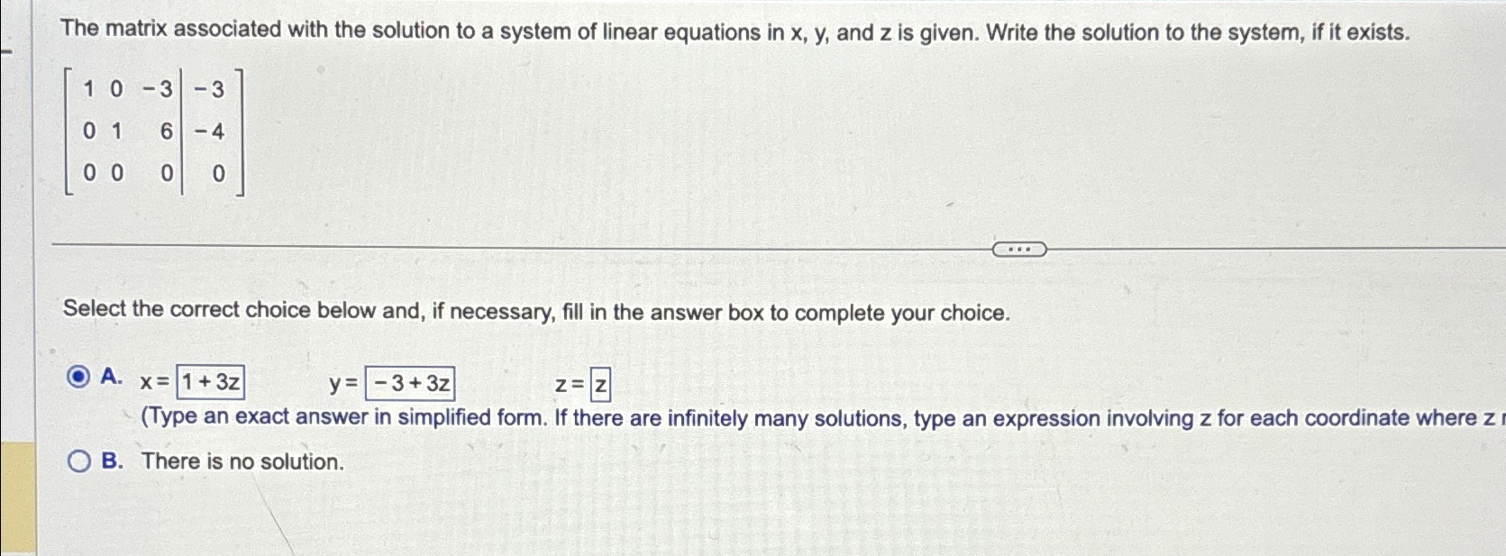 Solved The matrix associated with the solution to a system | Chegg.com