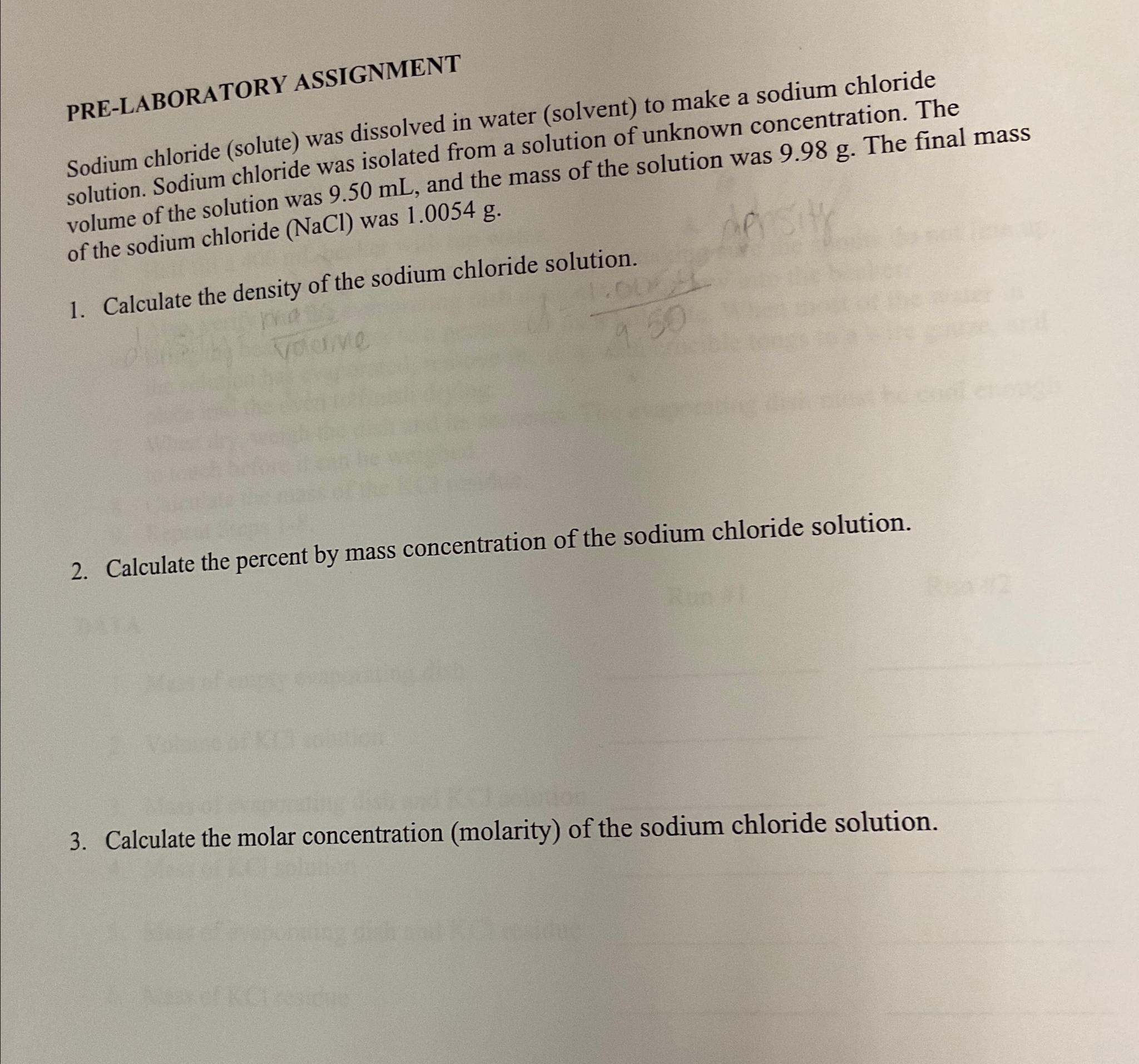 Solved PRE-LABORATORY ASSIGNMENTSodium chloride (solute) | Chegg.com