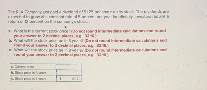 Solved The RLX Company just paid a dividend of $1.25 per | Chegg.com