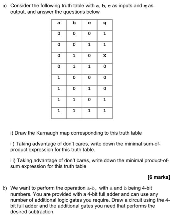 Solved a) Consider the following truth table with a, b, c as | Chegg.com