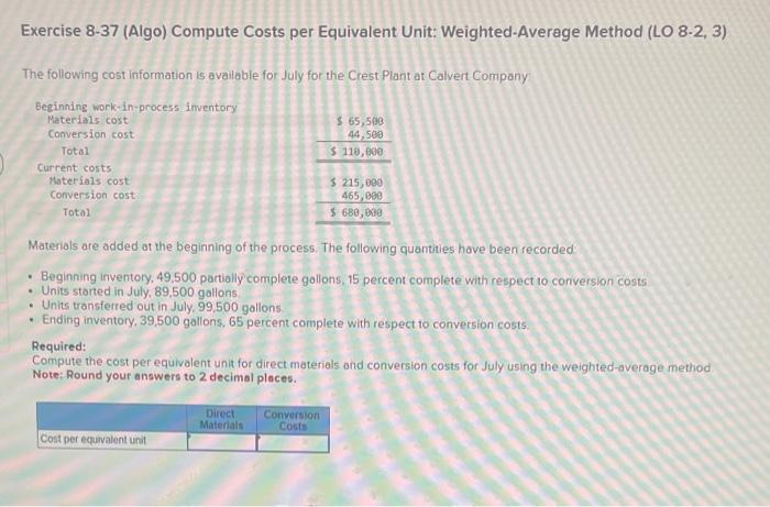 Solved Exercise 8-37 (Algo) Compute Costs per Equivalent | Chegg.com