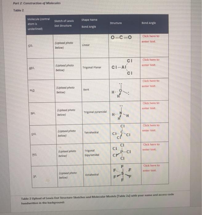 Solved Part 2: Construction of Molecules Table 2 Shape Name | Chegg.com