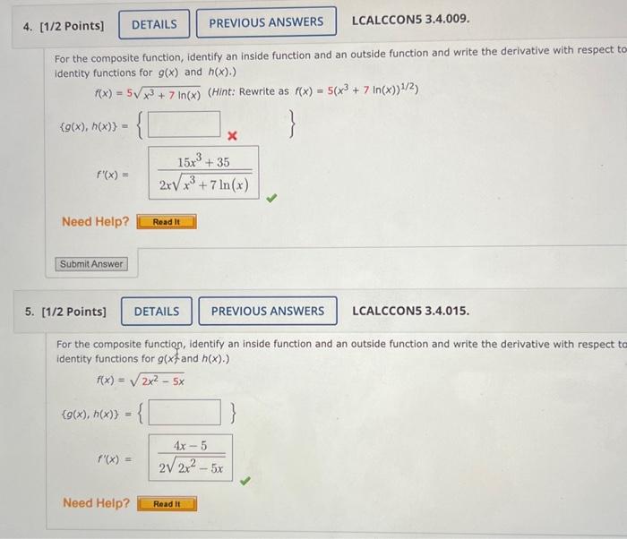 Solved For the composite function, identify an inside | Chegg.com
