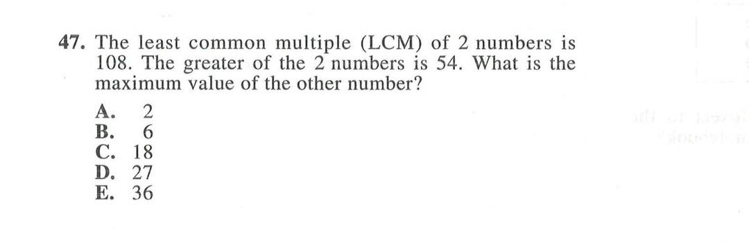 Solved 47. The least common multiple (LCM) of 2 numbers is | Chegg.com