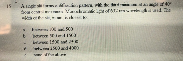Solved 15 A single slit forms a diffraction pattern, with | Chegg.com