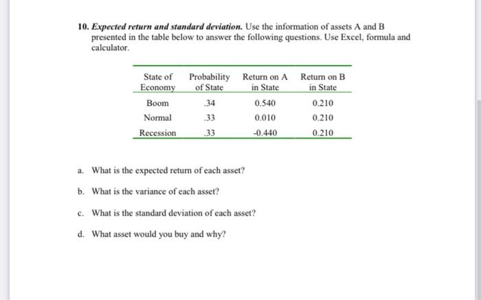 Solved 10. Expected return and standard deviation. Use the | Chegg.com