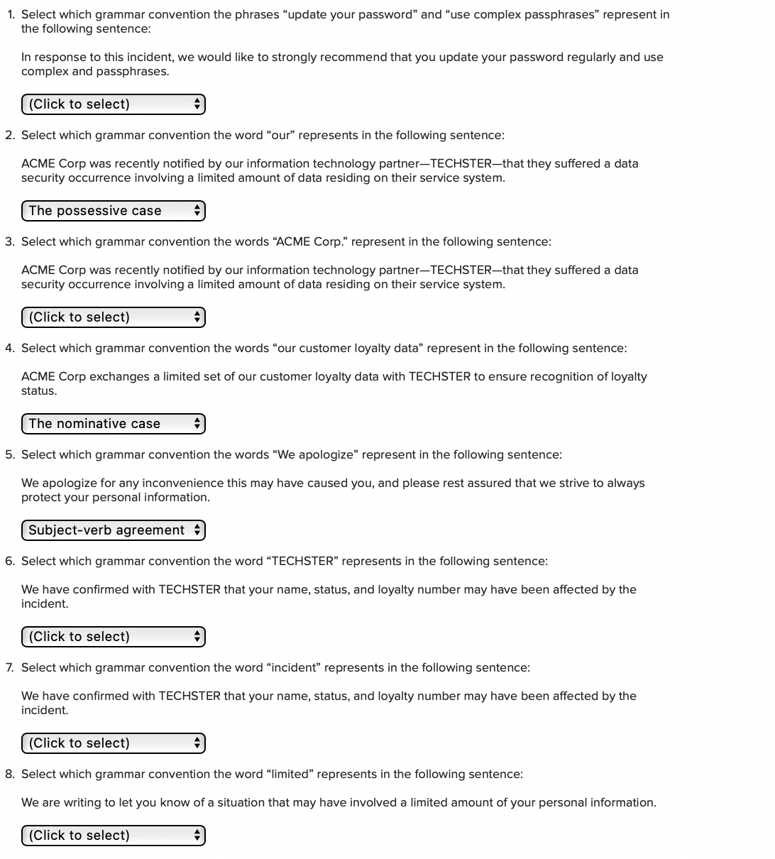 Solved Please answer 1-8. ﻿The options are, A direct object, | Chegg.com