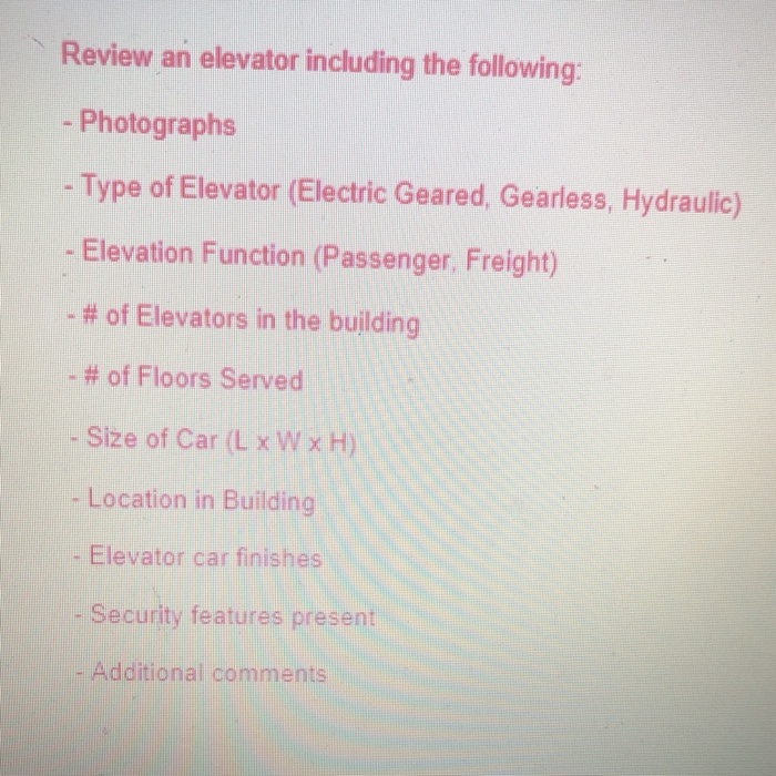 Solved Review an elevator including the following: - | Chegg.com