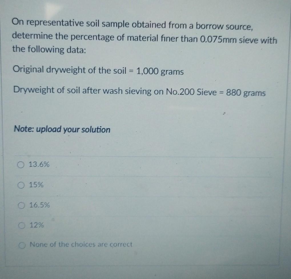 Solved On representative soil sample obtained from a borrow | Chegg.com