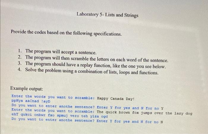 Solved Laboratory 5- Lists and Strings Provide the codes | Chegg.com
