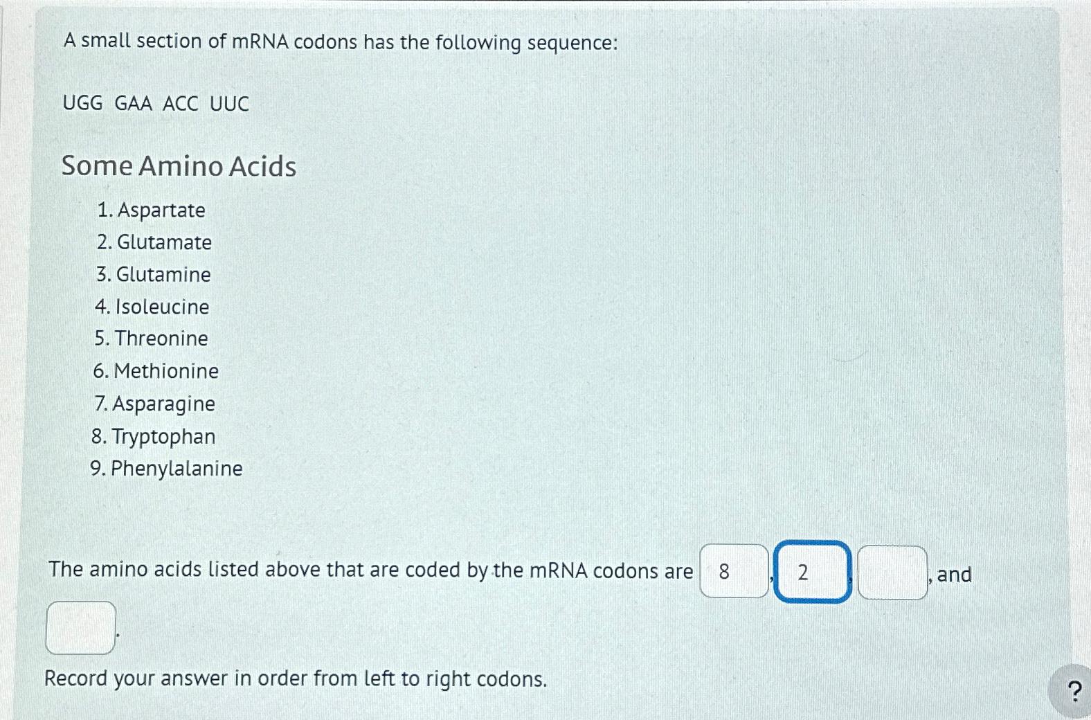 Solved A small section of mRNA codons has the following | Chegg.com